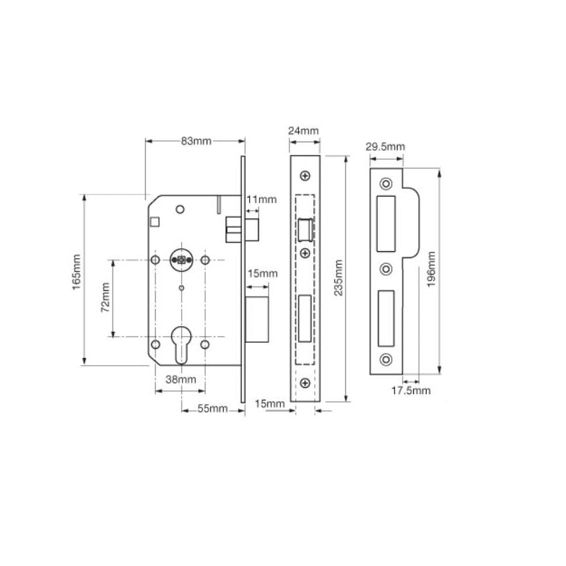 Union 2C26 DIN Style Euro Escape Lock with Square Forend - 83mm Case