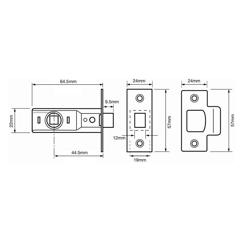 Union 2650 Rebated Tubular Latch - 64.5mm (2.5") Case - 44mm Backset